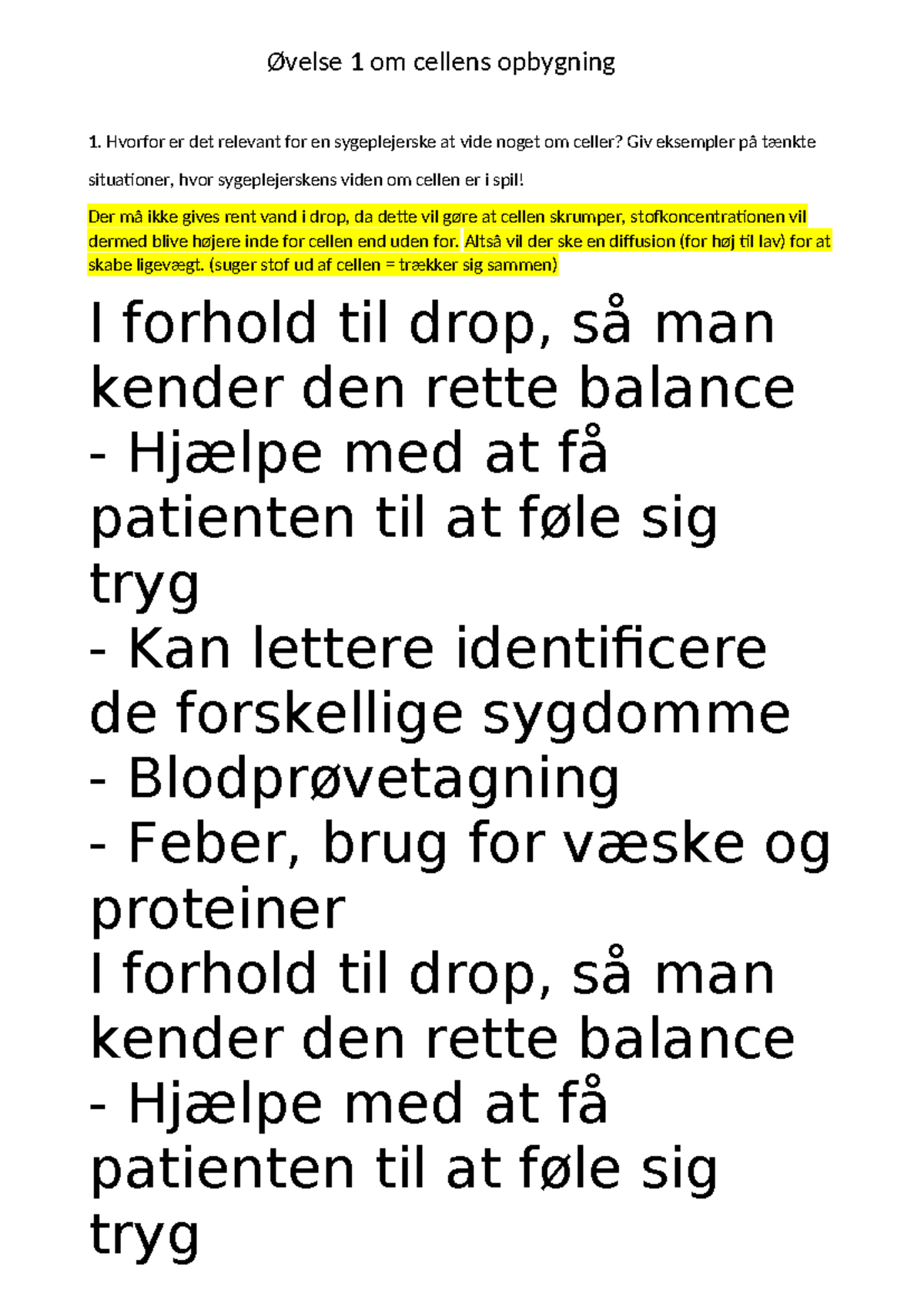 Øvelse 1: Cellens Opbygning og Relevans for Sygeplejersker - Studocu