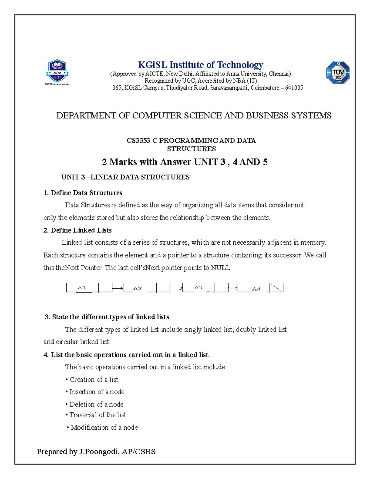 CS3353 C Programming & Data Structures: 2 Marks Q Bank for Units 3-5 - Studocu