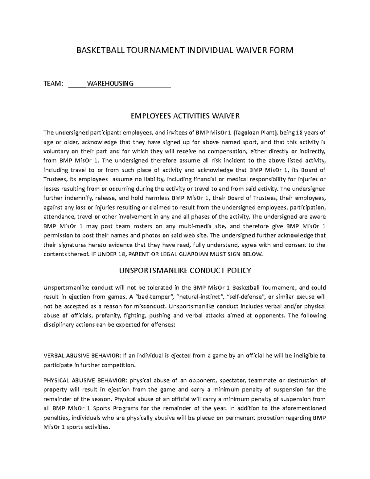 Basketball Tournament Individual Waiver FORM - BASKETBALL TOURNAMENT ...