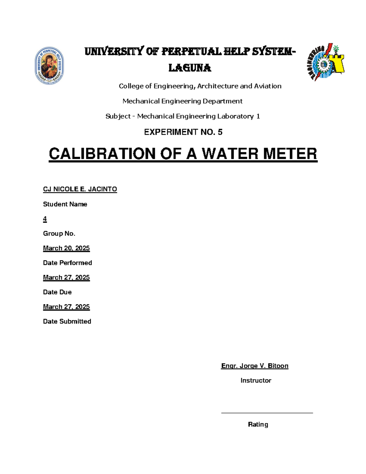 Calibration of Water Meter - ME 1 Lab Experiment No. 5 - Studocu