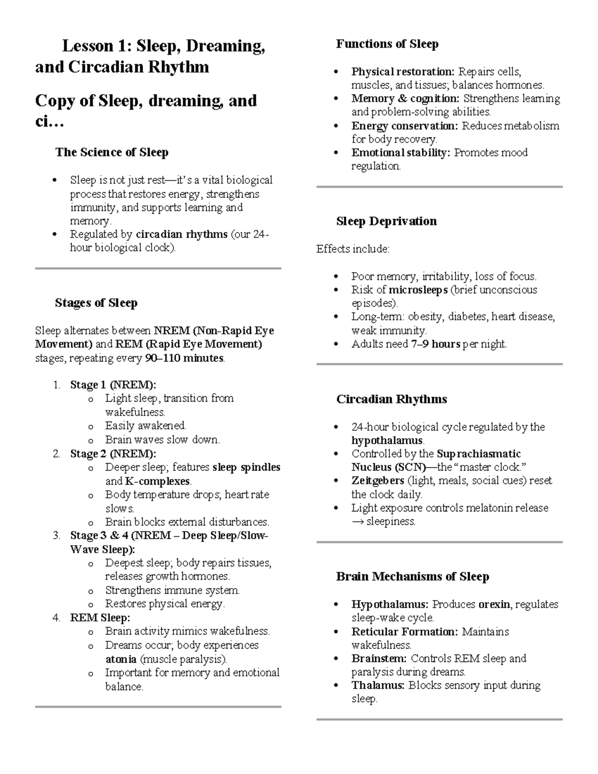 Biopsych 101: Lesson 1 - Sleep, Dreaming, and Circadian Rhythms - Studocu