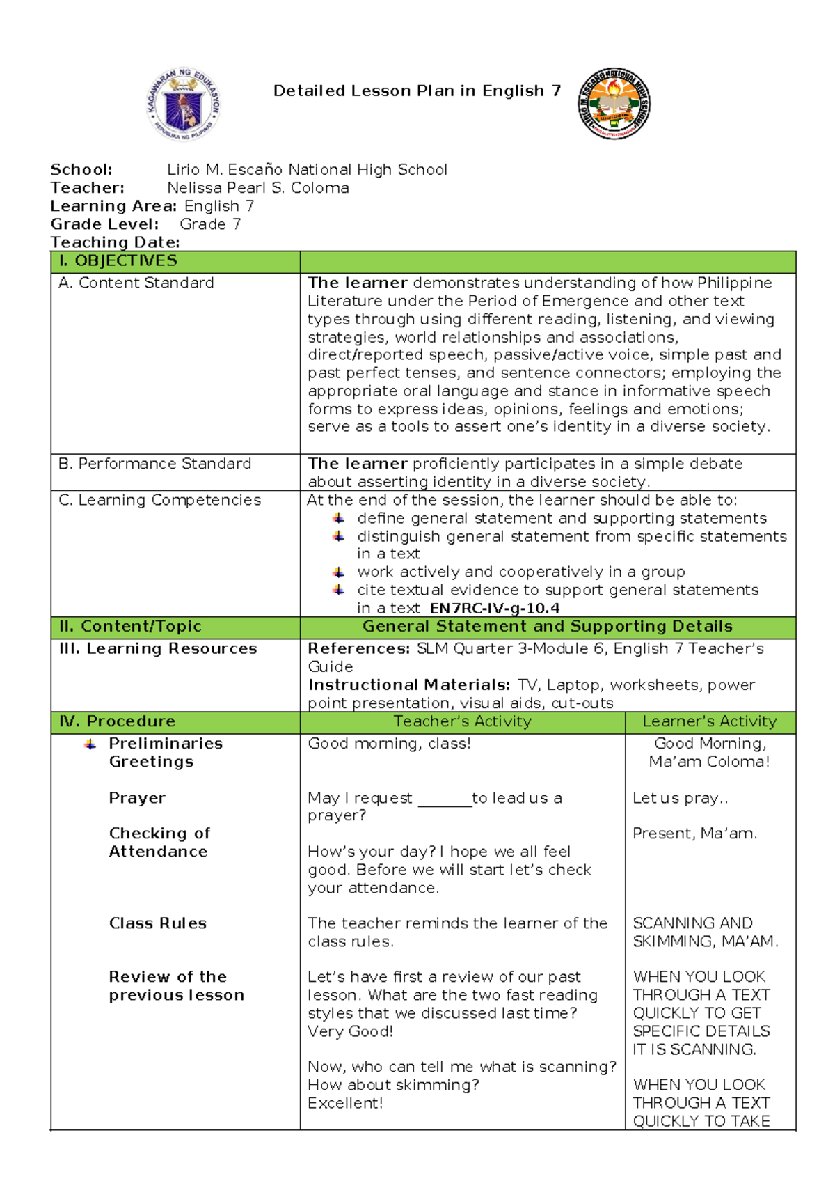 CO2 Detailed Lesson Plan in English 7 - Detailed Lesson Plan in English ...