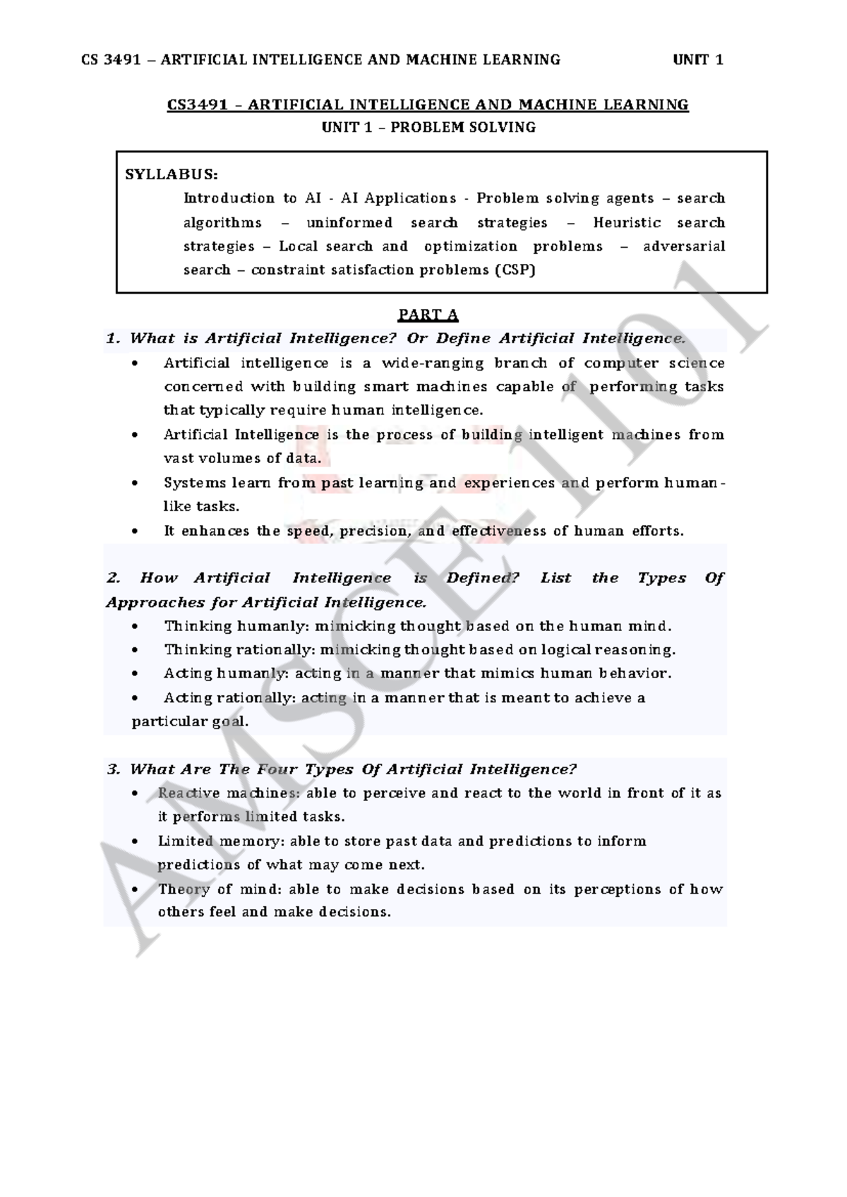 UNIT 1 CS 3491 AI & ML Notes: Problem Solving and Search Strategies ...