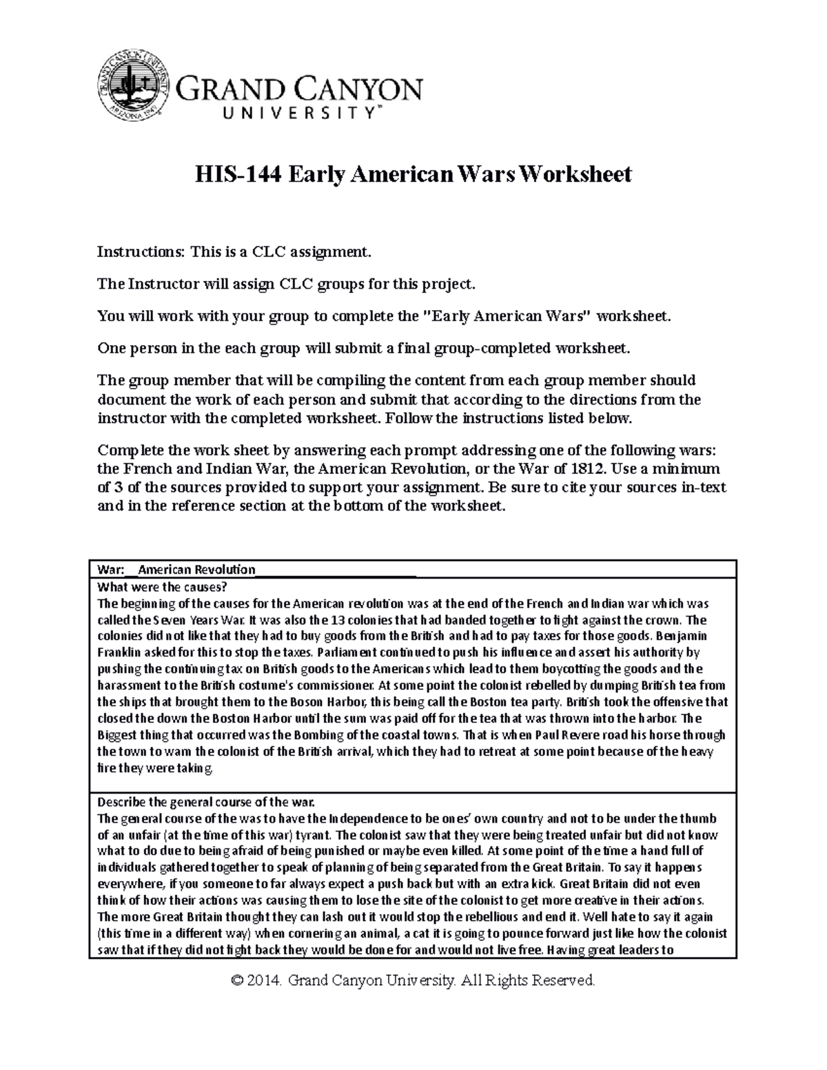 HIS-144 CLC Early American Wars Worksheet-2 - HIS-144 Early American ...