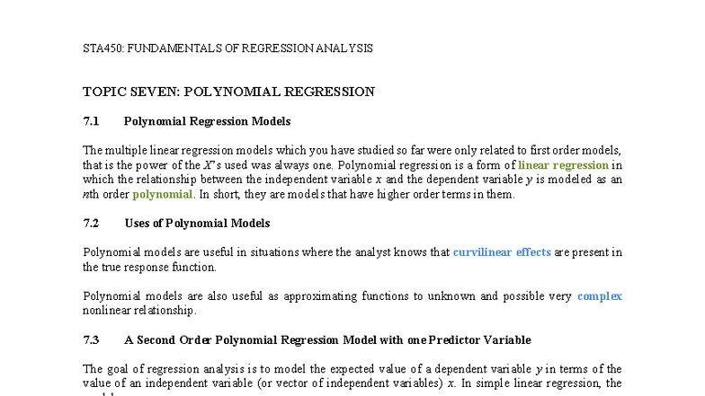 STA450: Polynomial Regression Analysis - Topic 7 Overview - Studocu