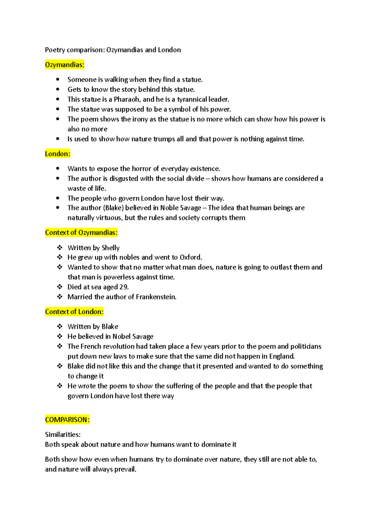 Poetry Comparison: Ozymandias and London Analysis (ENG101) - Studocu