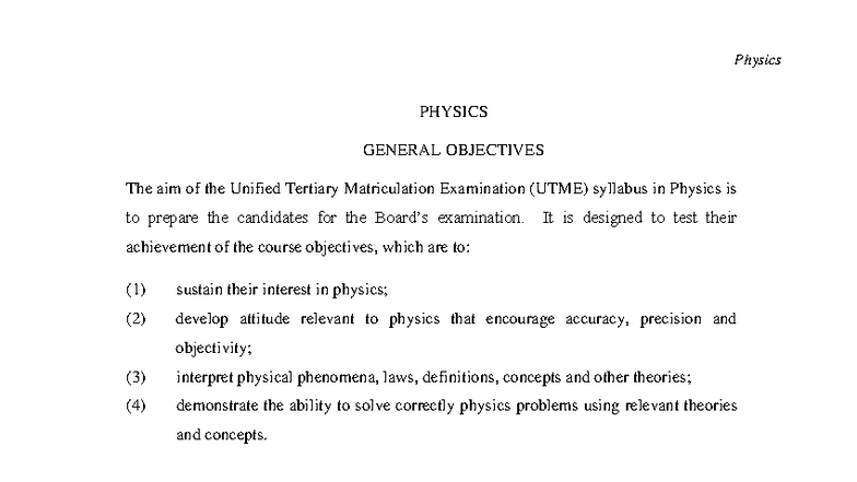 Physics PHYSICS GENERAL OBJECTIVES: UTME Syllabus Overview - Studocu