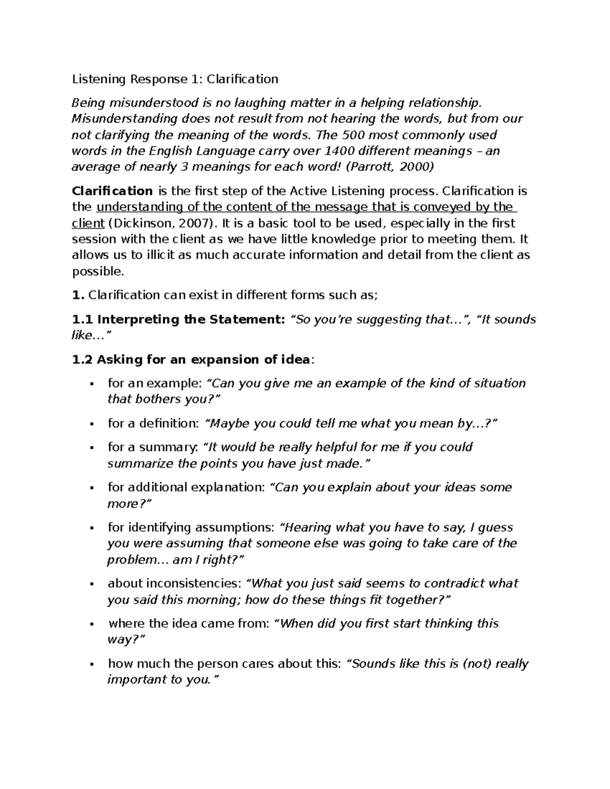 Listening Response SWK 504: Clarification, Paraphrasing, and Reflection ...
