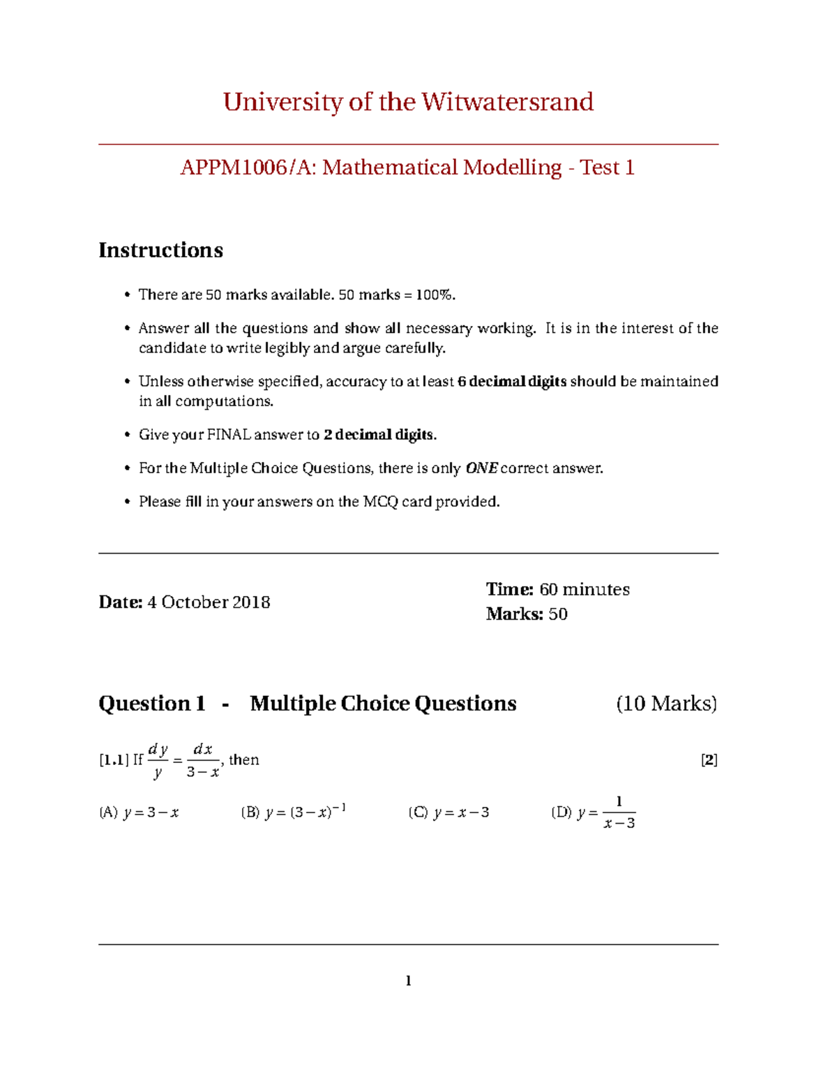 APPM1006/A Test 1: Mathematical Modelling Exam Questions and Guidelines ...