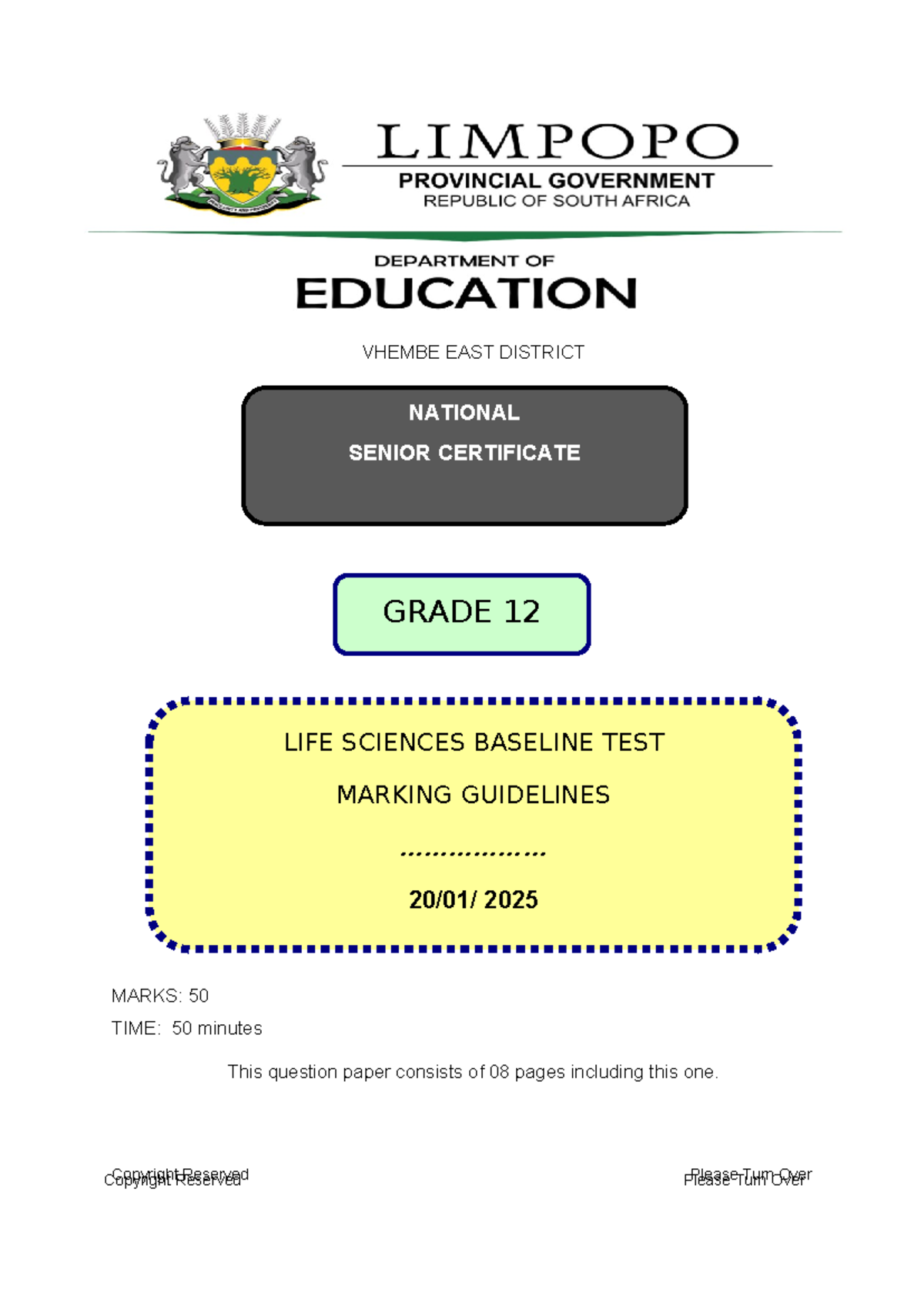 Grade 12 NSC Life Sciences Baseline Test Memo 2025 - Studocu