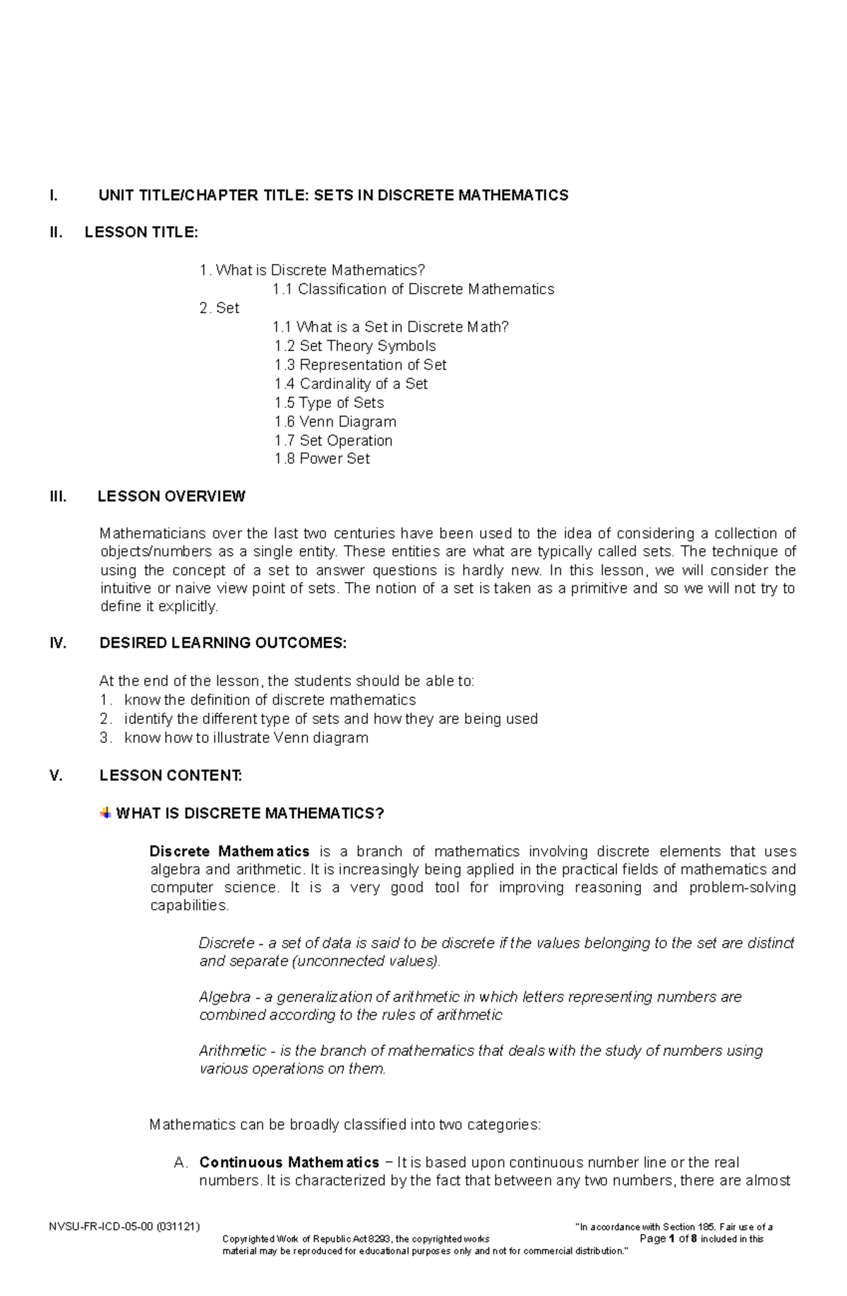 Instructional Module 1 Sets in Discrete Mathematics - I. UNIT TITLE/CHAPTER TITLE: SETS IN ...