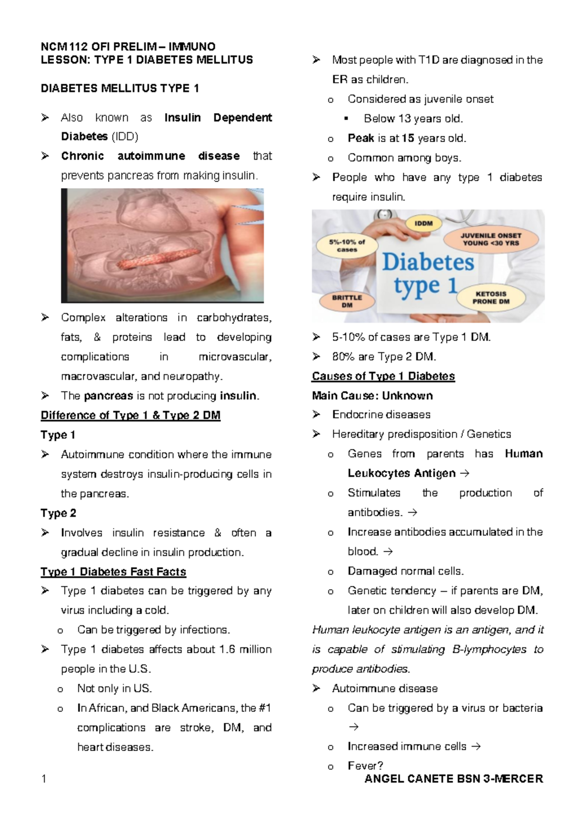 NCM 112 Prelim Lesson on Type 1 Diabetes Mellitus Notes - Studocu