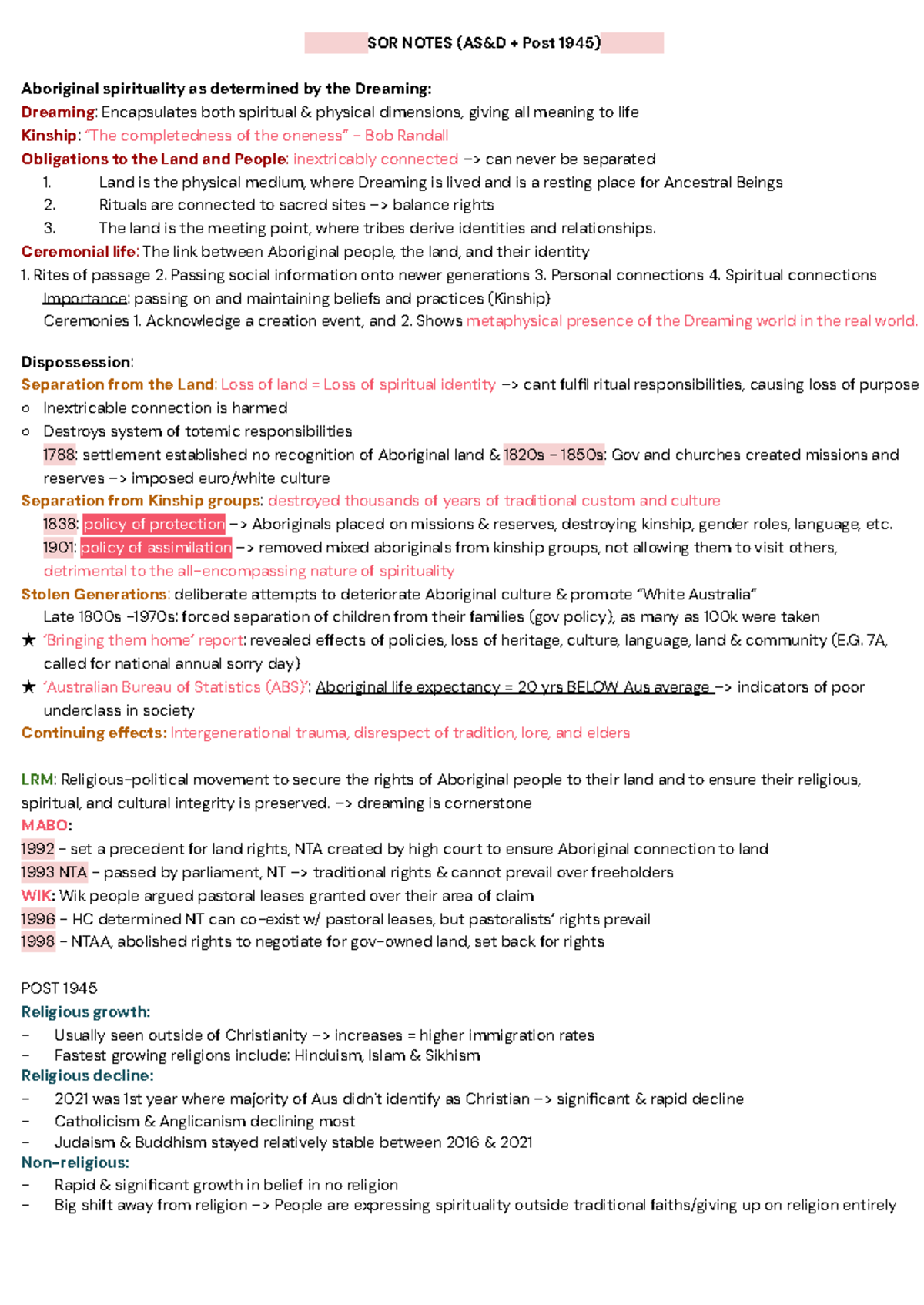 SOR AS&D + POST 1945: Spirituality, Land, and Cultural Identity Notes ...