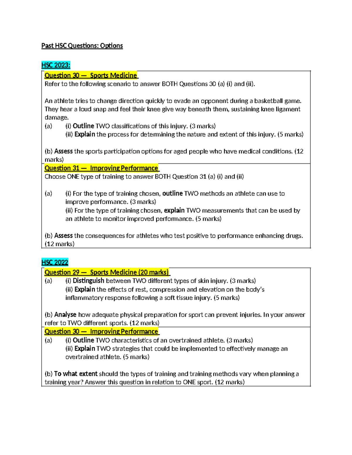 Past HSC Option Questions - Sports Medicine & Improving Performance ...
