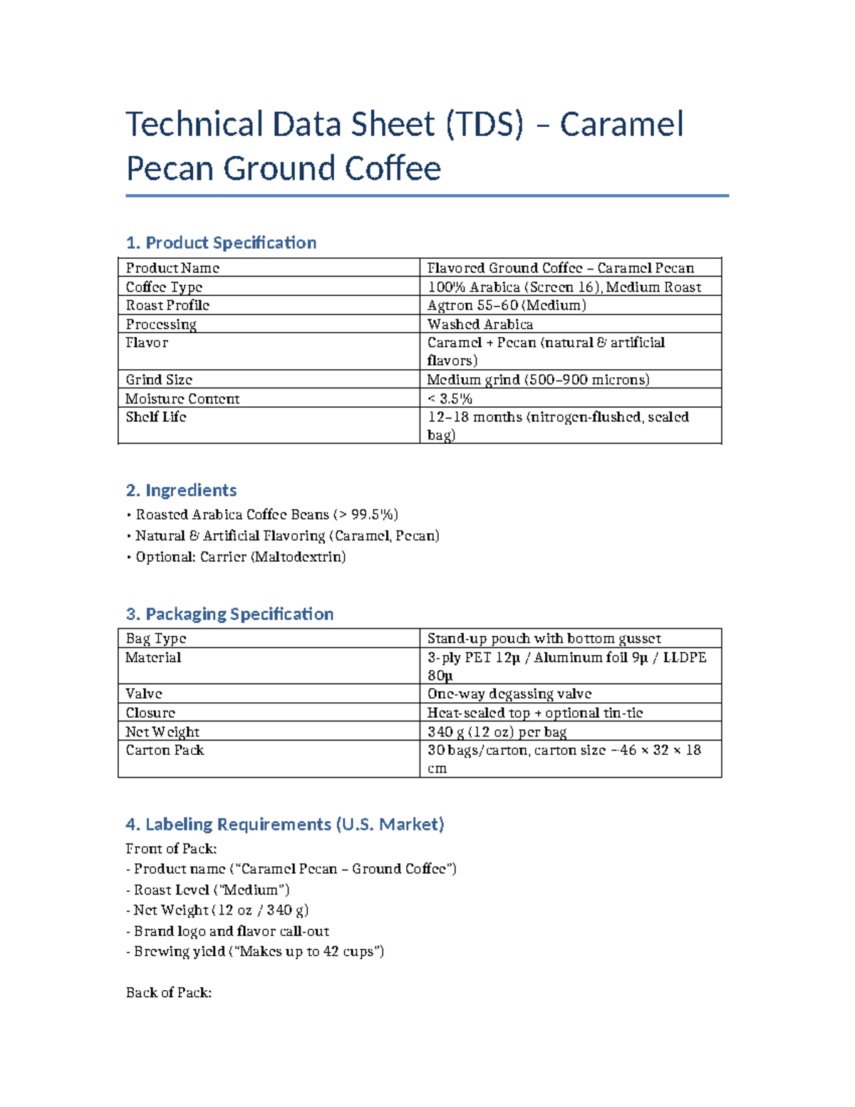 TDS: Caramel Pecan Ground Coffee Product Specifications & Details - Studocu