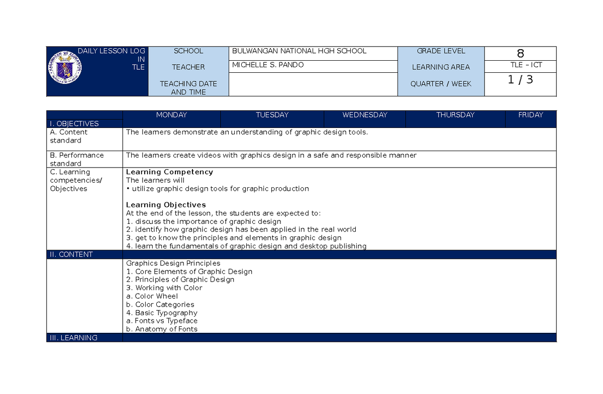 DLL in TLE ICT 8 Q1 Week 3 - Graphic Design Principles and Activities ...
