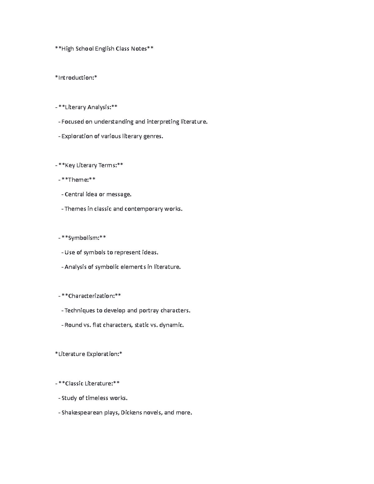 High School English Class Notes: Literary Analysis & Writing Skills ...