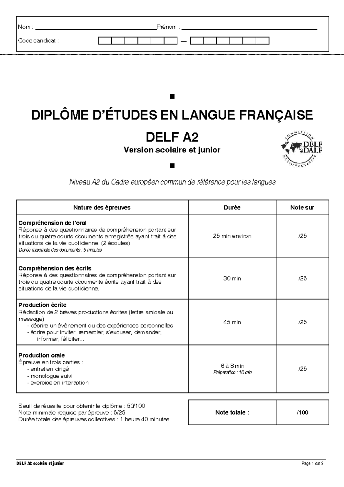 Exemple 1 : Sujet DELF A2 Junior - Épreuves Collectives et Production ...