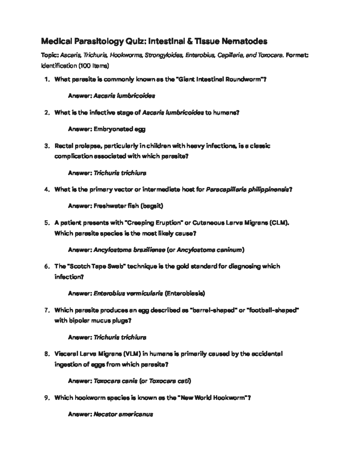 Medical Parasitology Quiz: Intestinal Nematodes (Ascaris, Trichuris ...
