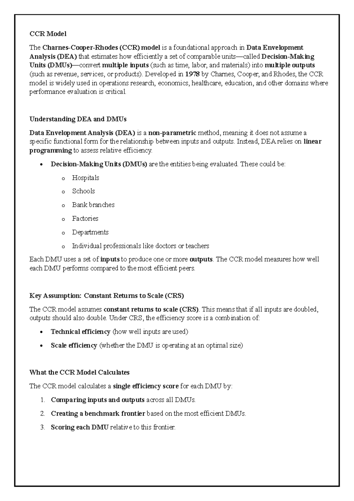 CCR Model Notes: Understanding Data Envelopment Analysis (DEA) - Studocu