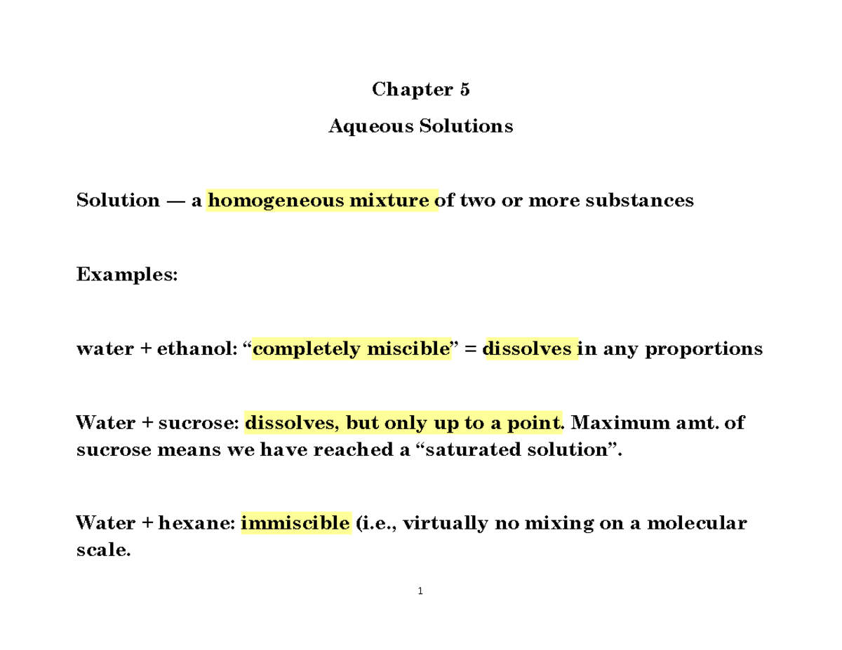 Chapter 5 Summary: Aqueous Solutions & Precipitation Reactions - Studocu