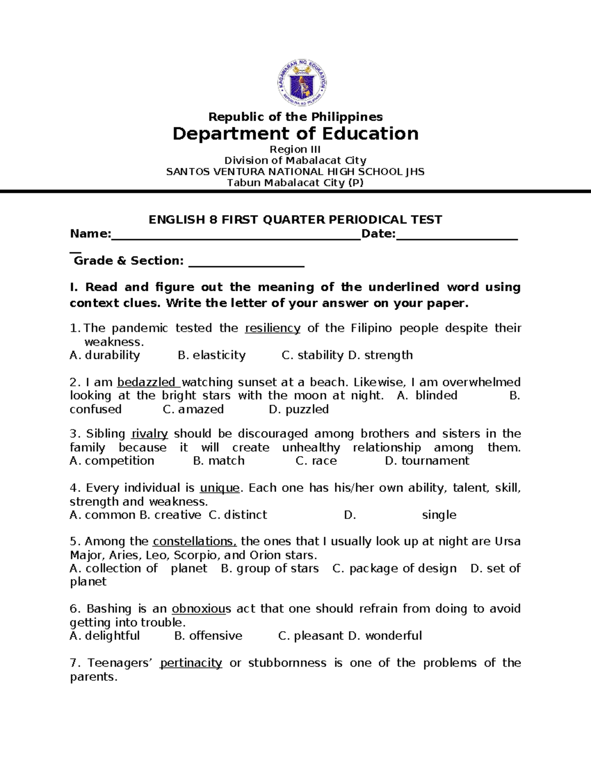 ENGLISH 8 First Quarter Periodical Test Practice Materials - Studocu