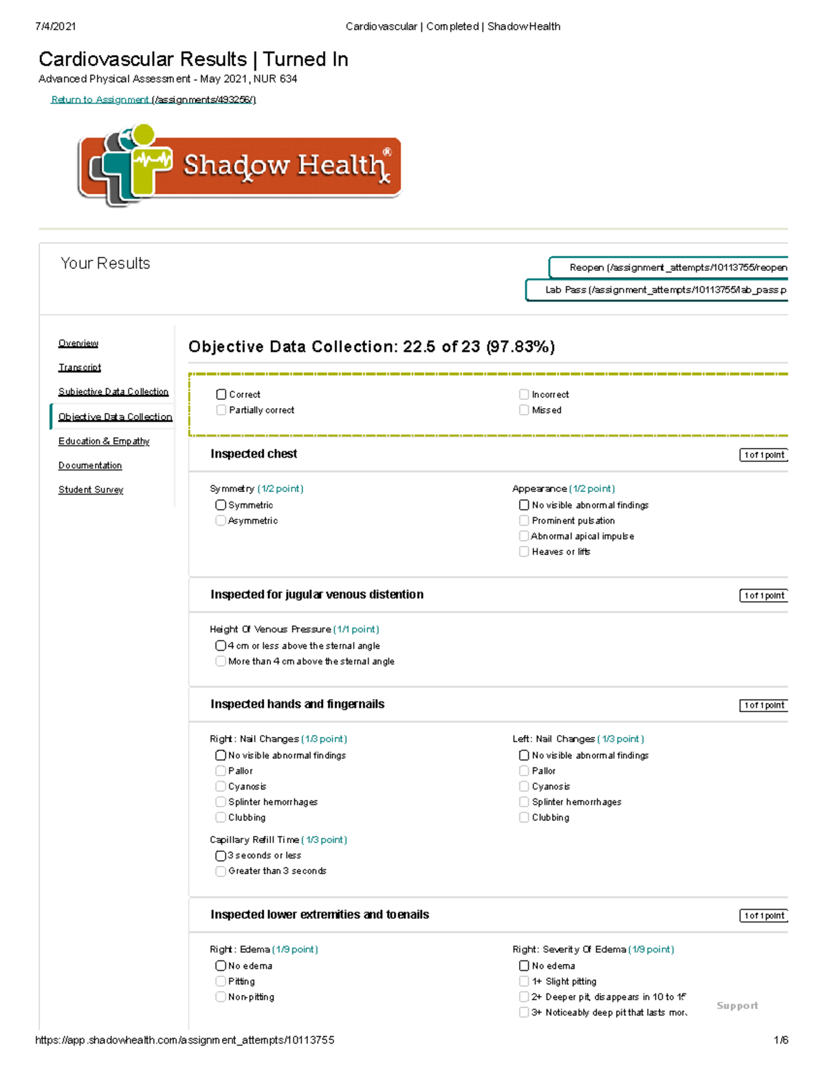 Cardiovascular Completed Shadow Health - Cardiovascular Results ...