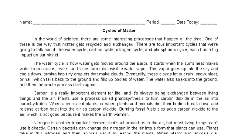Reading Assignment: Cycles of Matter (Science 101) - Studocu