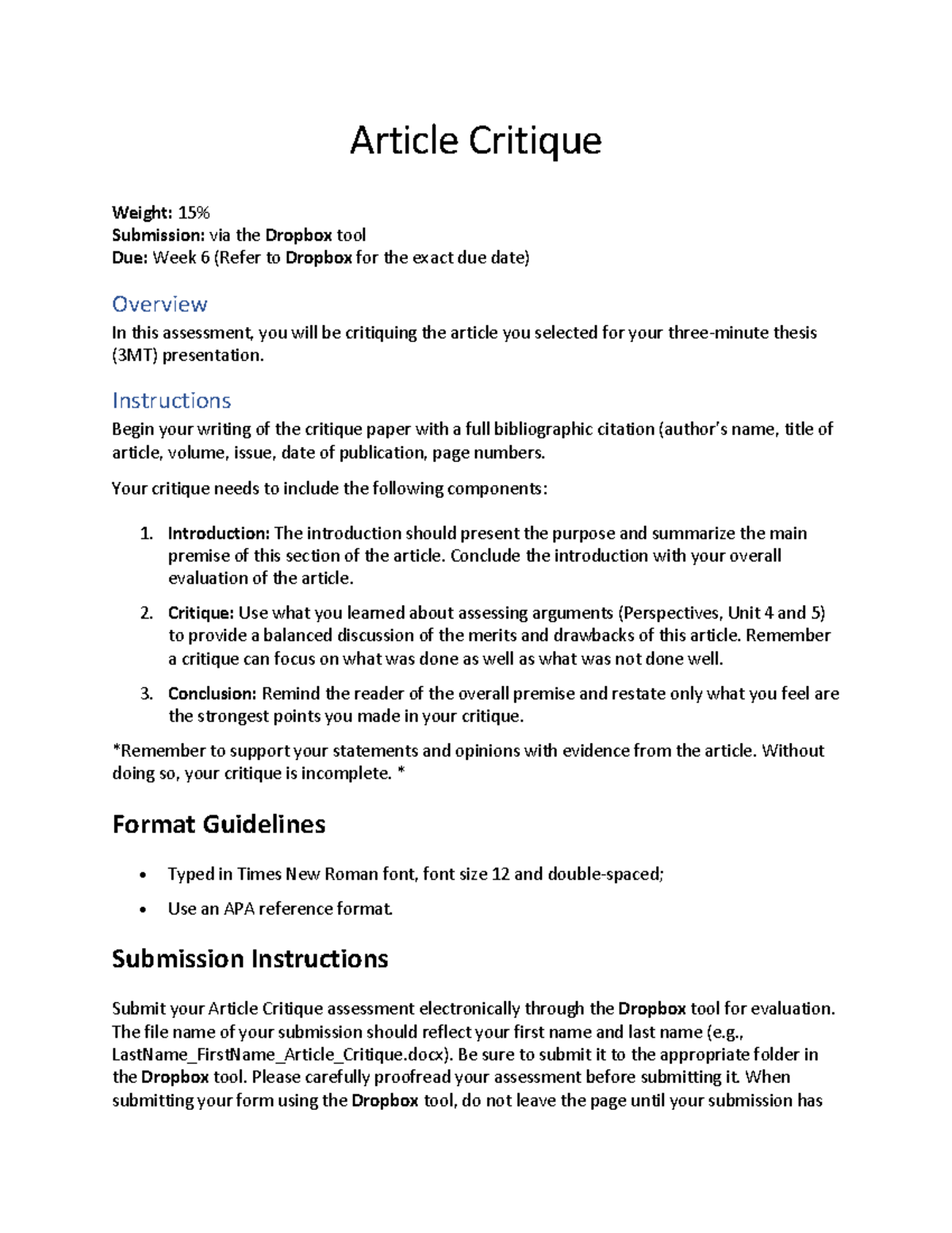 Article Critique Assignment: Guidelines & Evaluation (Week 6) - Studocu