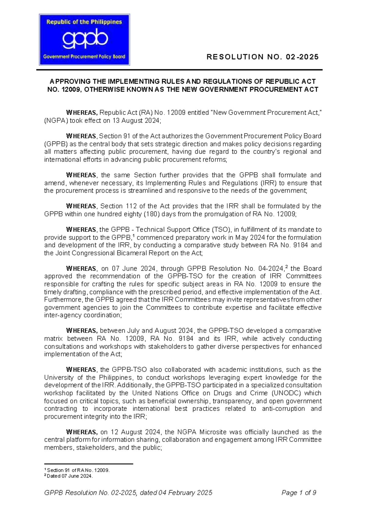 GPPB-Resolution-02-2025-Approving-the-IRR-of-RA-12009-final - GPPB ...