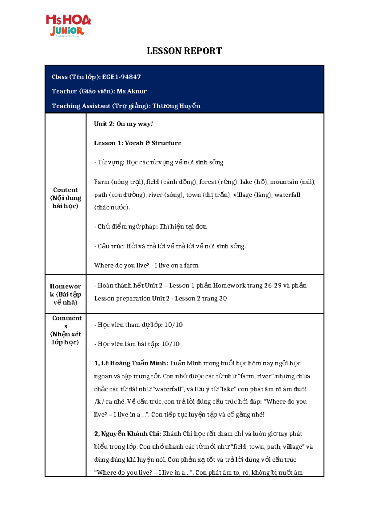 Lesson Report - U2 L1: Vocabulary on Living Places - Explorer 3 - Studocu
