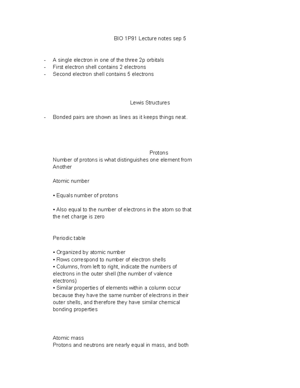 BIOL 1P91 Lecture Notes: Atomic Structure & Chemical Bonds - Studocu