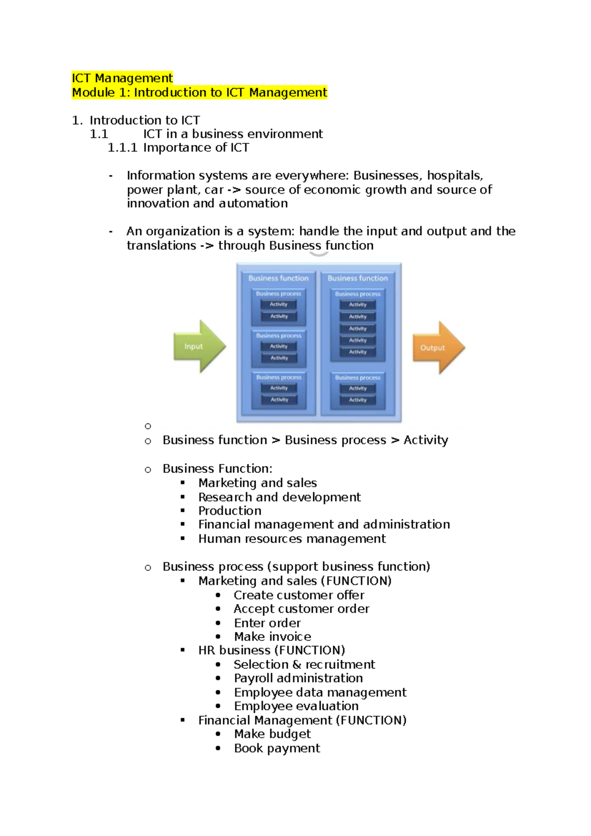 ICT Management Module 1: Intro to ICT in Business Systems - Studocu