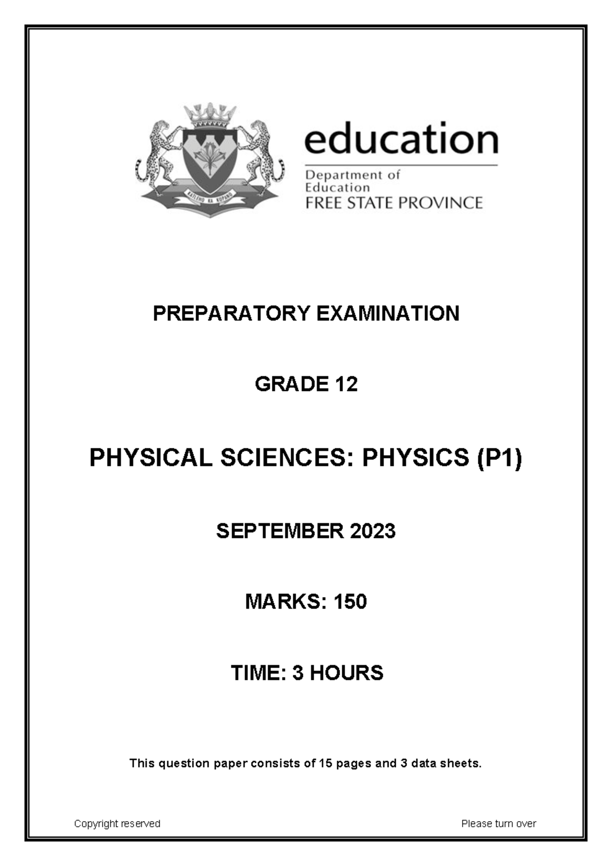 Physical Sciences P1 - September 2023 Prep Exam Mega Trial Pack - Studocu