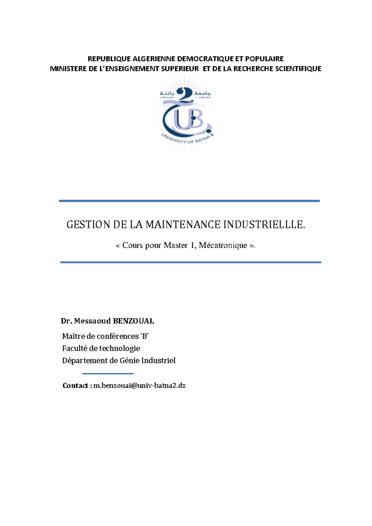 Gestion de la Maintenance - Cours Master 1 Mécatronique - Studocu