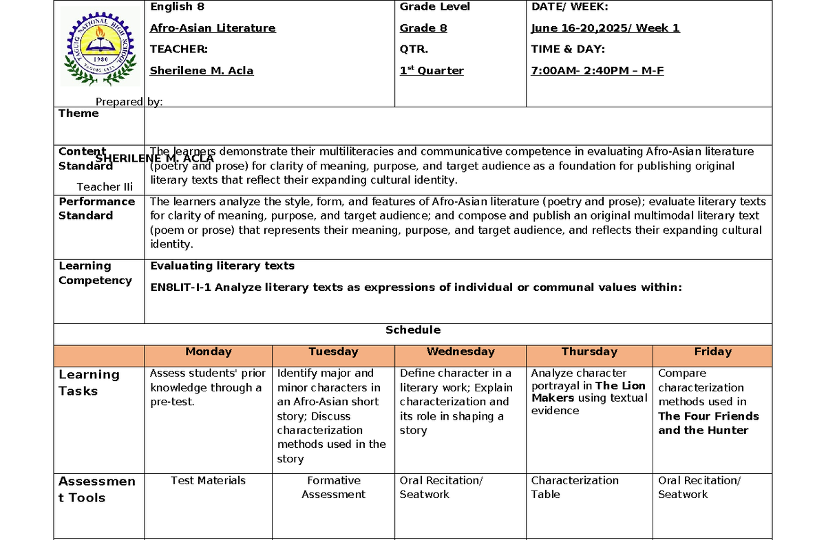 English 8 Literature Lesson Plan: Week 1 Curriculum Guide - Studocu