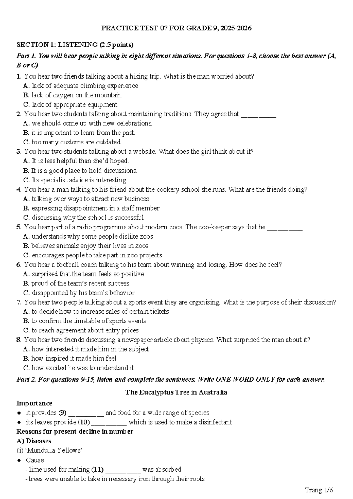 Practice Test 07 for Grade 9 Listening & Use of English 2024 - Studocu
