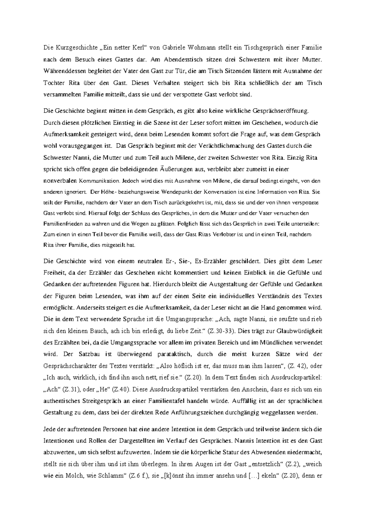 Gabriele Wohmann, Ein netter Kerl: Analyse der Kurzgeschichte - Studocu