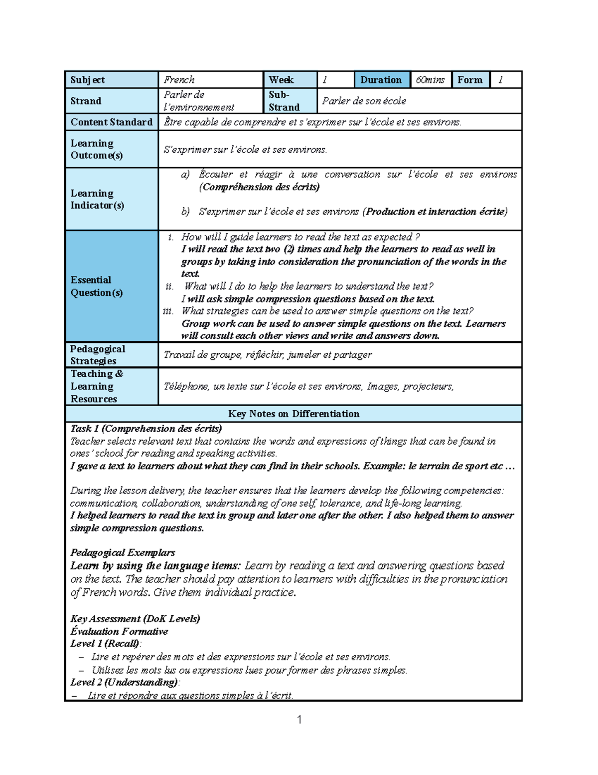 French Lesson Plan: Parler de l'École et de l'Environnement (Week 1 ...
