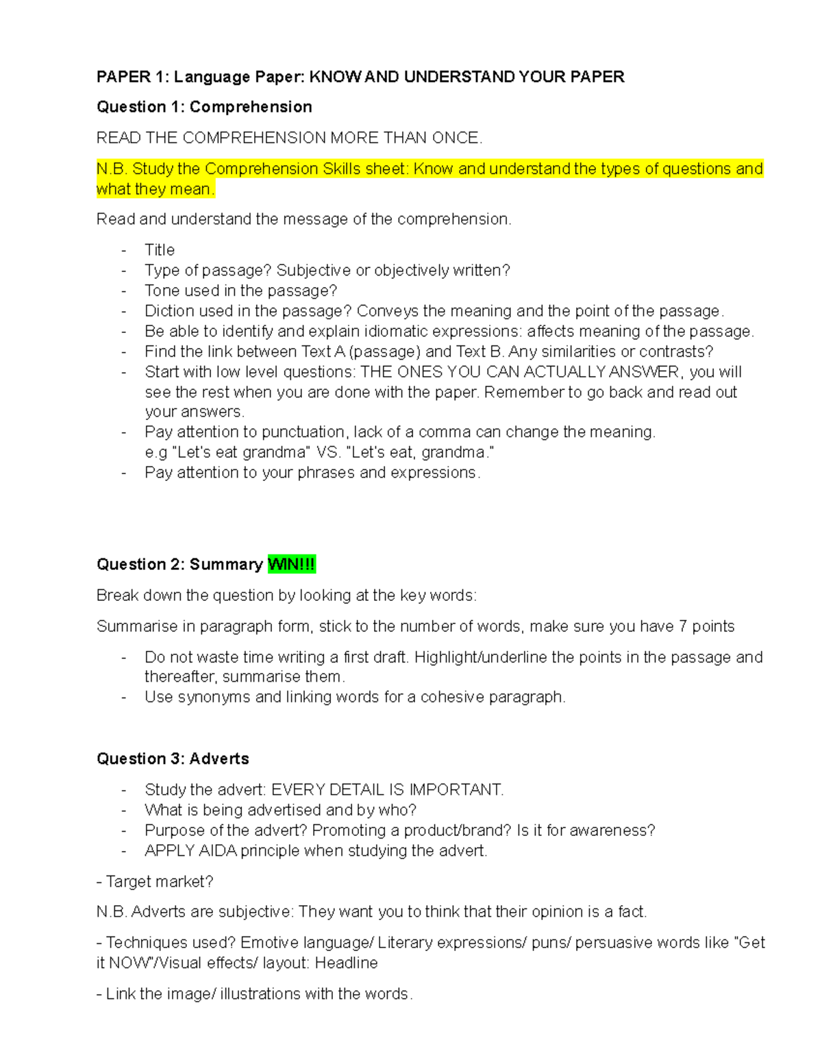 Grade 10 - Paper 1 - Language Comprehension Study Guide - Studocu