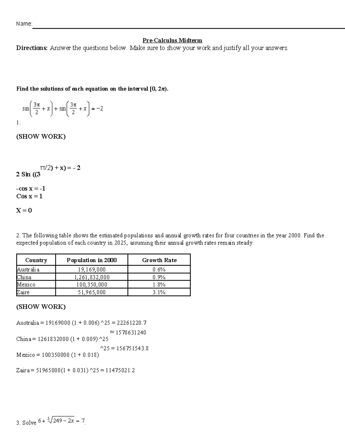 Pre-Cal NC1 Midterm Exam: Solutions & Steps for Concepts & Problems ...