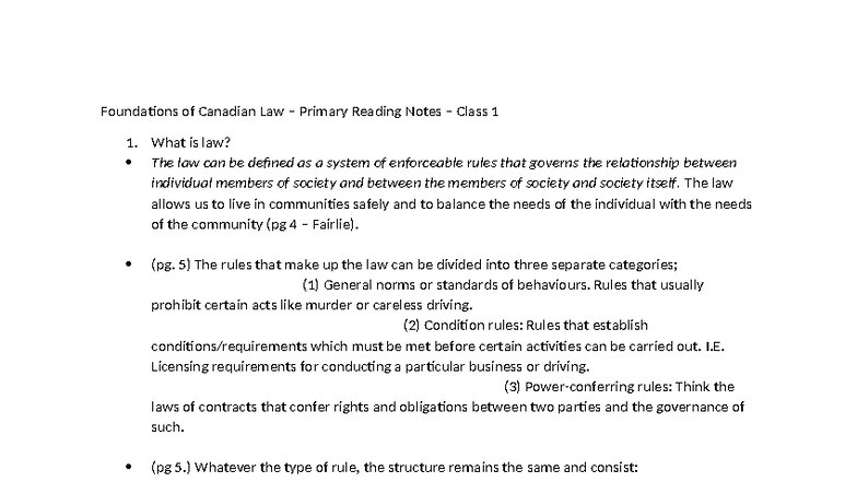 Foundations of Canadian Law - Class 1 Reading Notes - Studocu