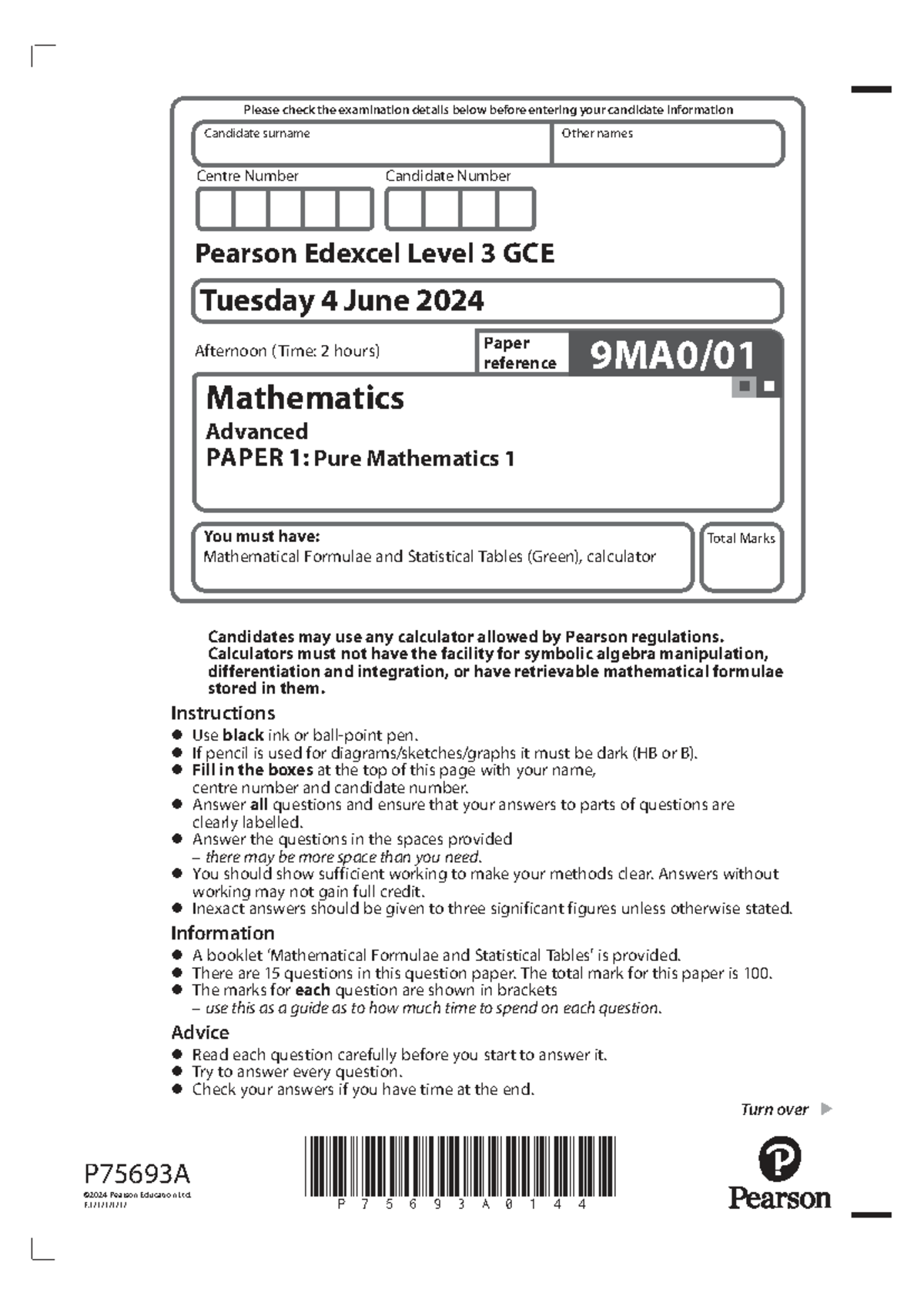 Mathematics Advanced (PAPER 1): Pure Mathematics 1 Exam Details - Studocu