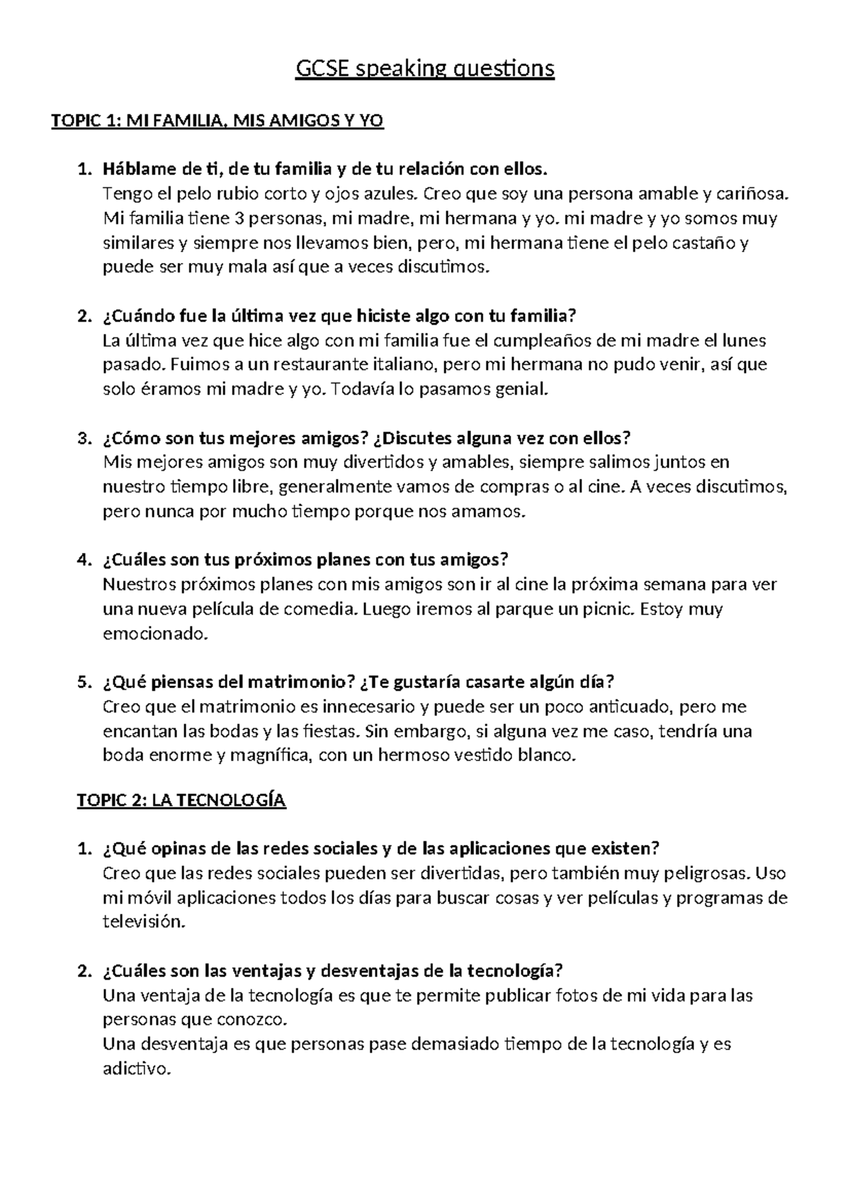 GCSE Spanish Oral Exam: Preparation Questions & Answers - Studocu