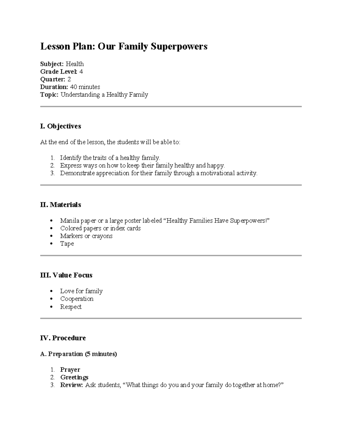 Lesson Plan: Understanding Healthy Families for Grade 4 (Quarter 2 ...