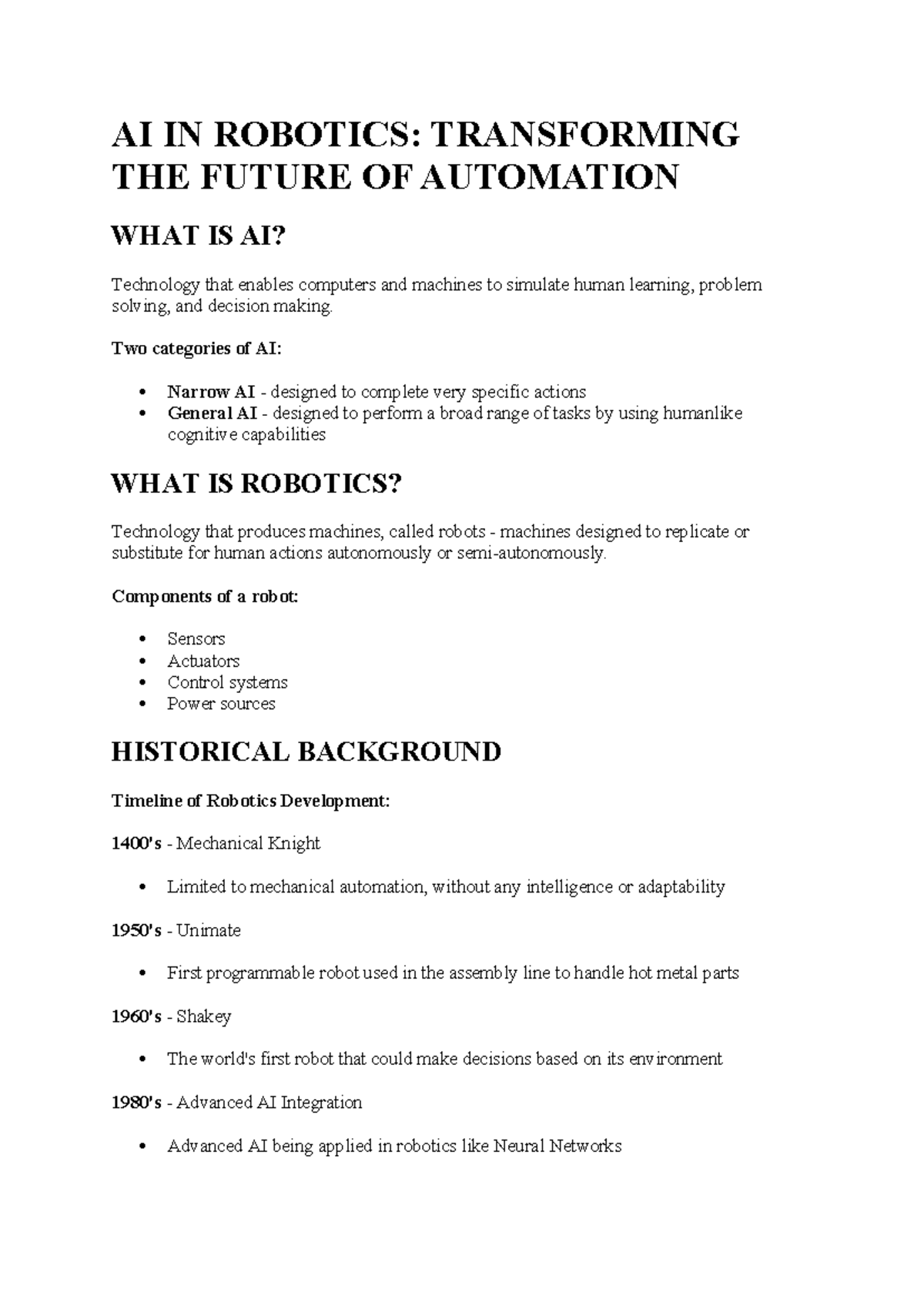 AI in Robotics: Transforming Automation - Prelim Topics (Course Code ...