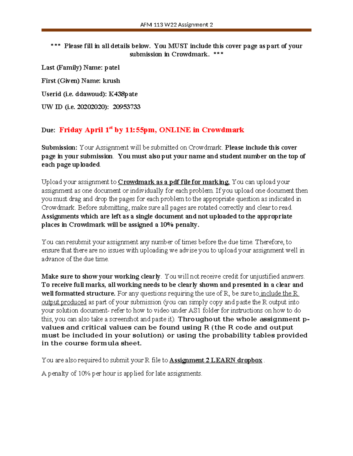 AFM 113 W22 Cover page and AI form for AS2 - AFM 113 W22 Assignment 2 ...