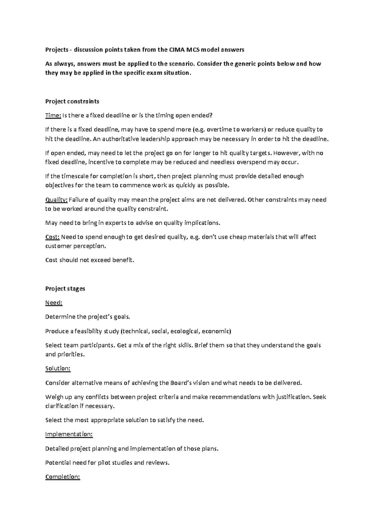 Projects Management Insights - CIMA MCS - F2 Study Material - Studocu