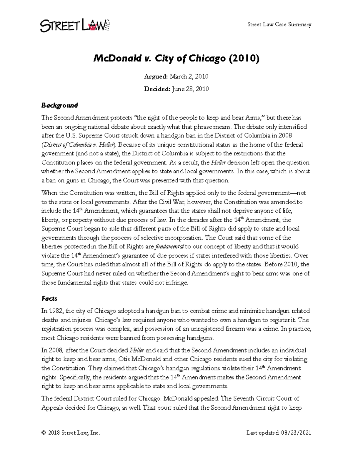 Mcdonald v. Chicago Case Summary HS 08-23-2021: Impact & Analysis - Studocu