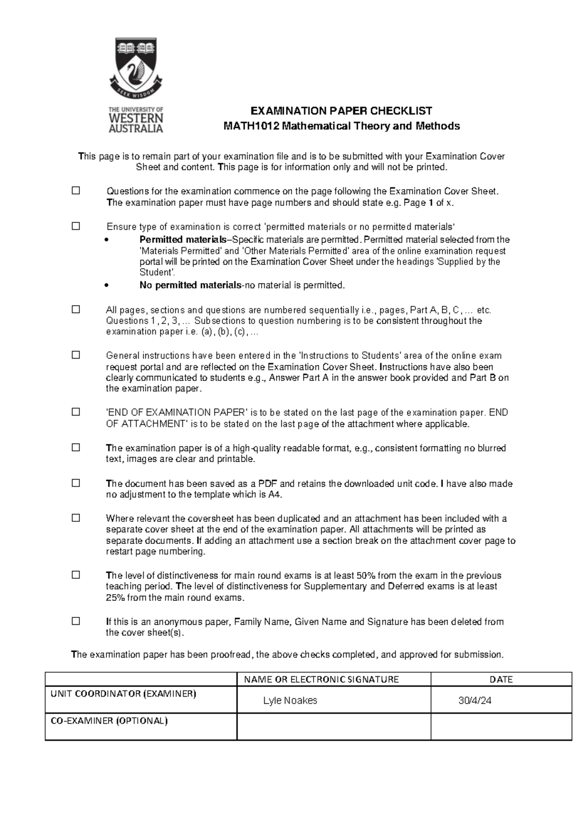 MATH1012 Final Exam Paper Checklist for Mathematical Theory and Methods ...